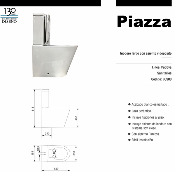 Inodoro largo Piazza c/asiento y depositoc/valvula bco | Foschia