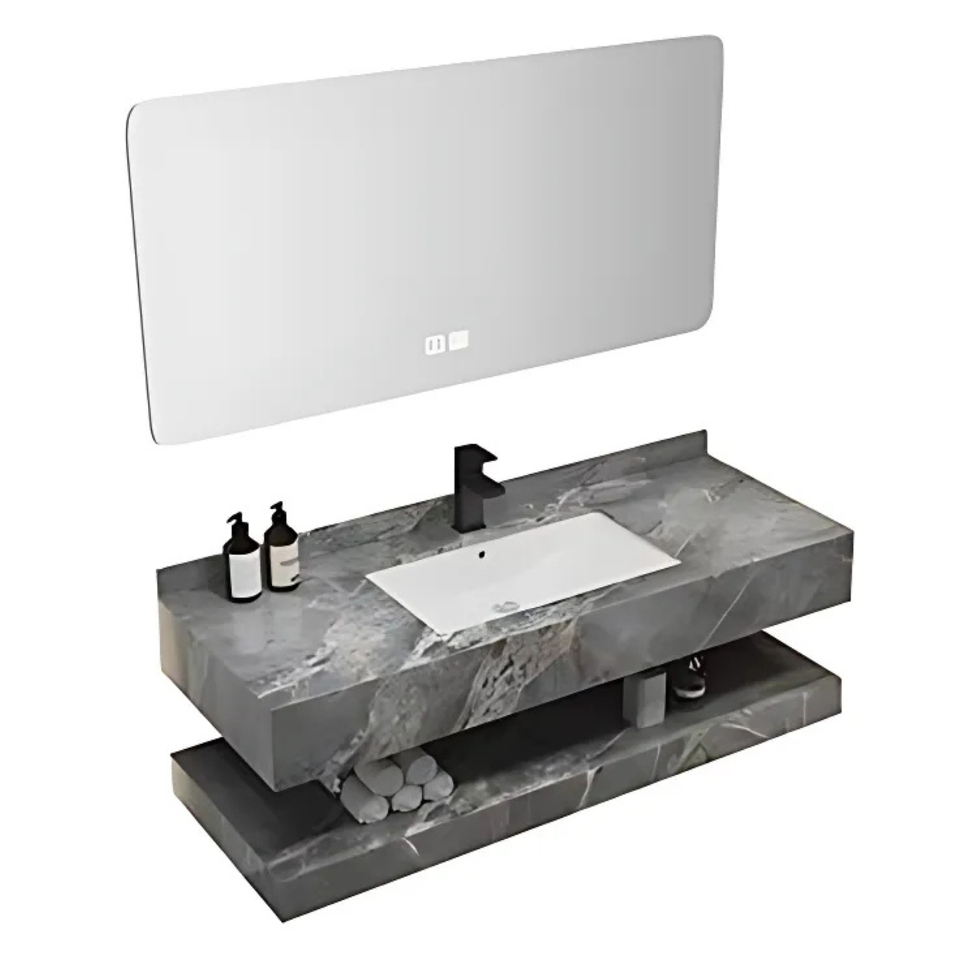 Vanitory Uhome con bacha estante y espejo led marmol gris RO-105-80 ...