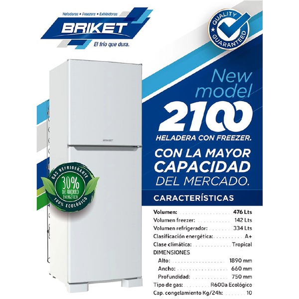 Heladera Briket Bk2f 2111 Freezer Blanca 476lt Clase A | Garbarino
