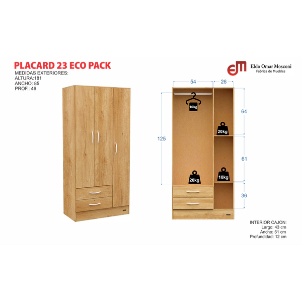 Placard Mosconi 2 Puertas 2 Cajones Blanco 85x181 cm | Garbarino