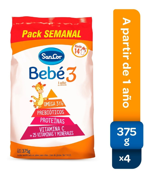 Combo X4 Sancor Bebe 3 Leche Infantil En Polvo 375 Gramos | SelmaDigital