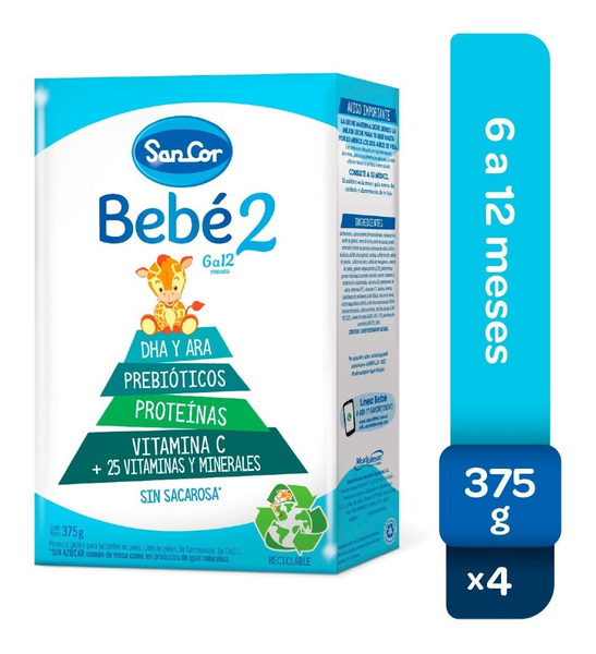 Combo X4 Sancor Bebe 2 Leche Infantil En Polvo 375 Gramos | SelmaDigital